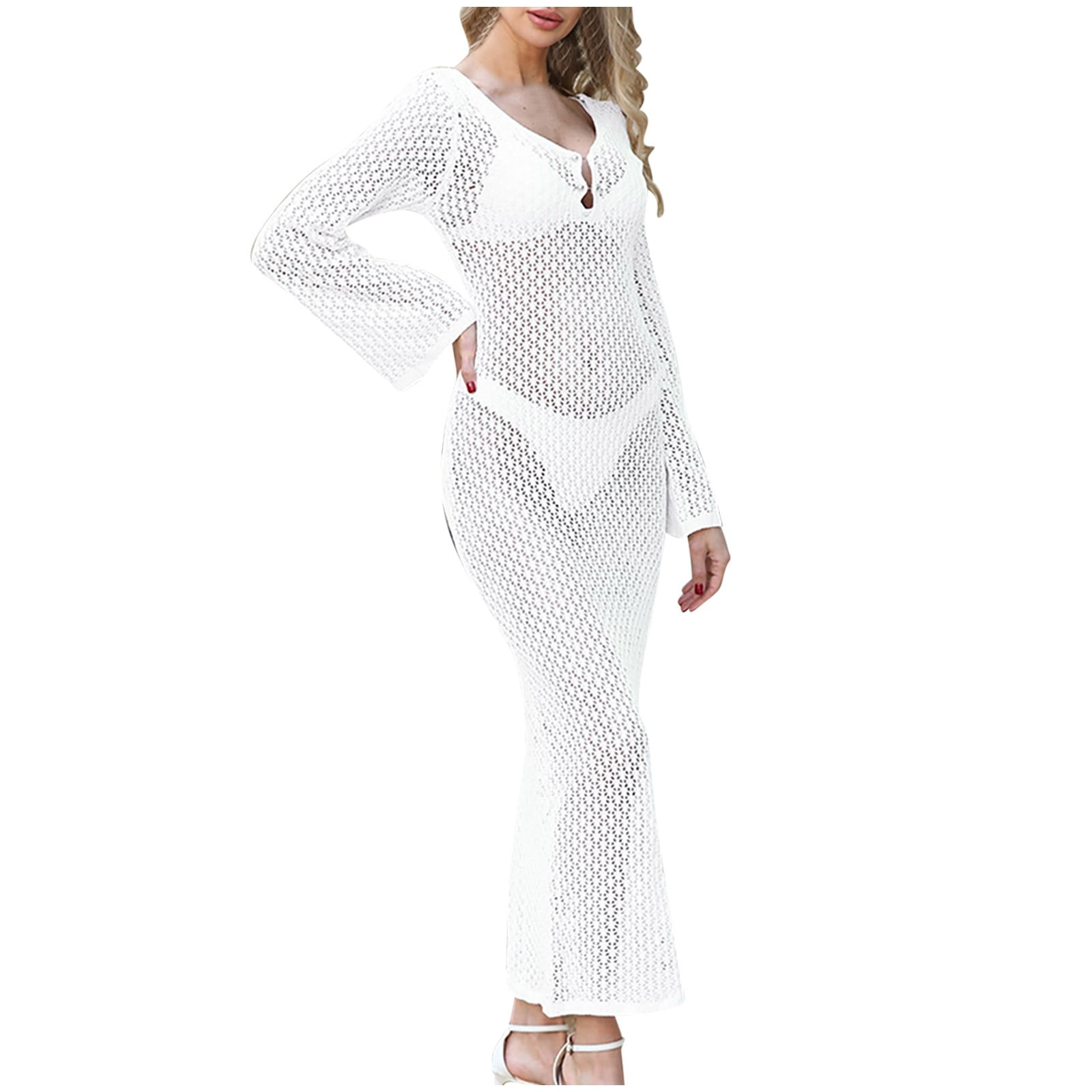 Jjayotai Women's Crochet Maxi Dress, Mesh Knit Long Sleeve Sexy Bodycon ...