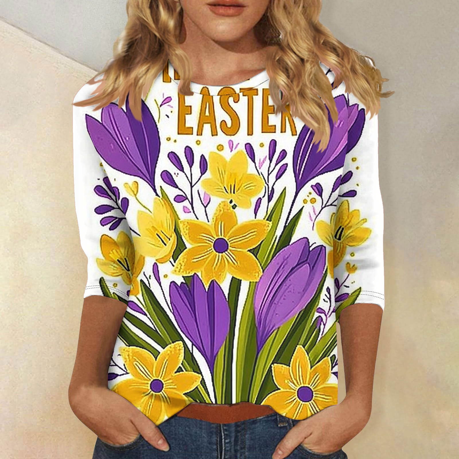 Jjayotai Women's Happy Easter Tops, 3/4 Sleeve Dressy Bunny Eggs Print ...