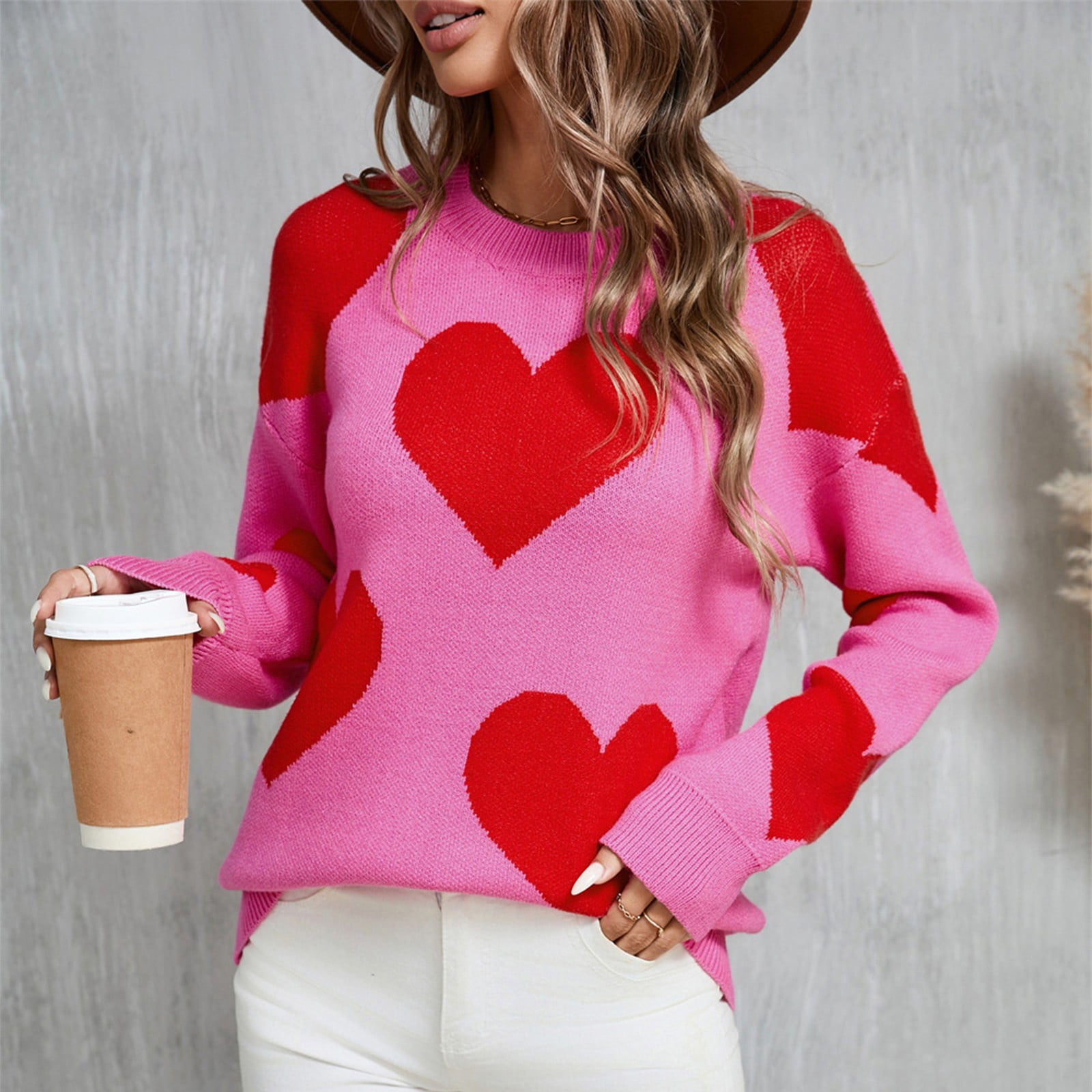 Jjayotai Women's Pullover Sweaters, Round Neck Heart Printed Casual ...