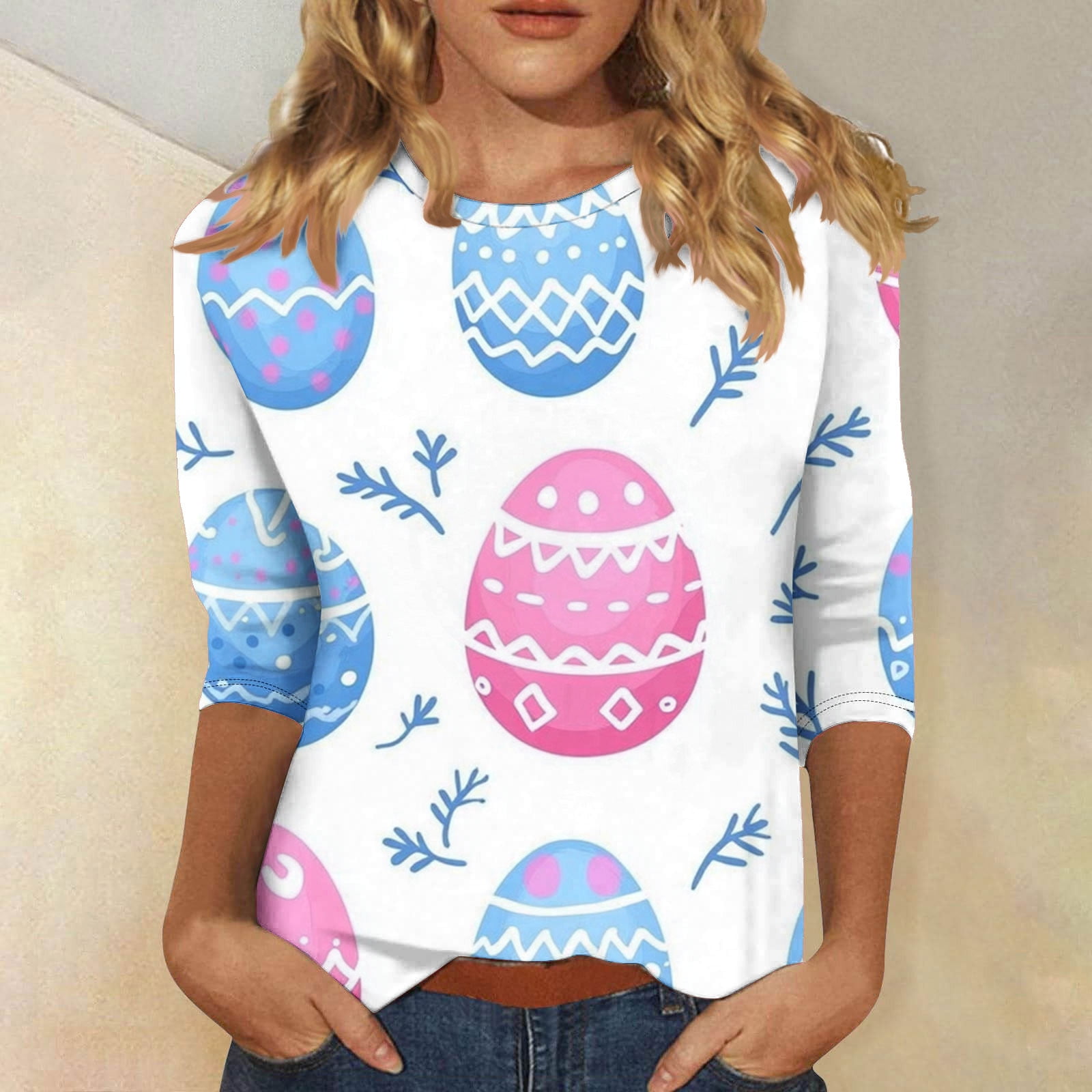 Jjayotai Womens Casual Tops, 3/4 Sleeve Crew Neck Easter Shirts, Bunny ...