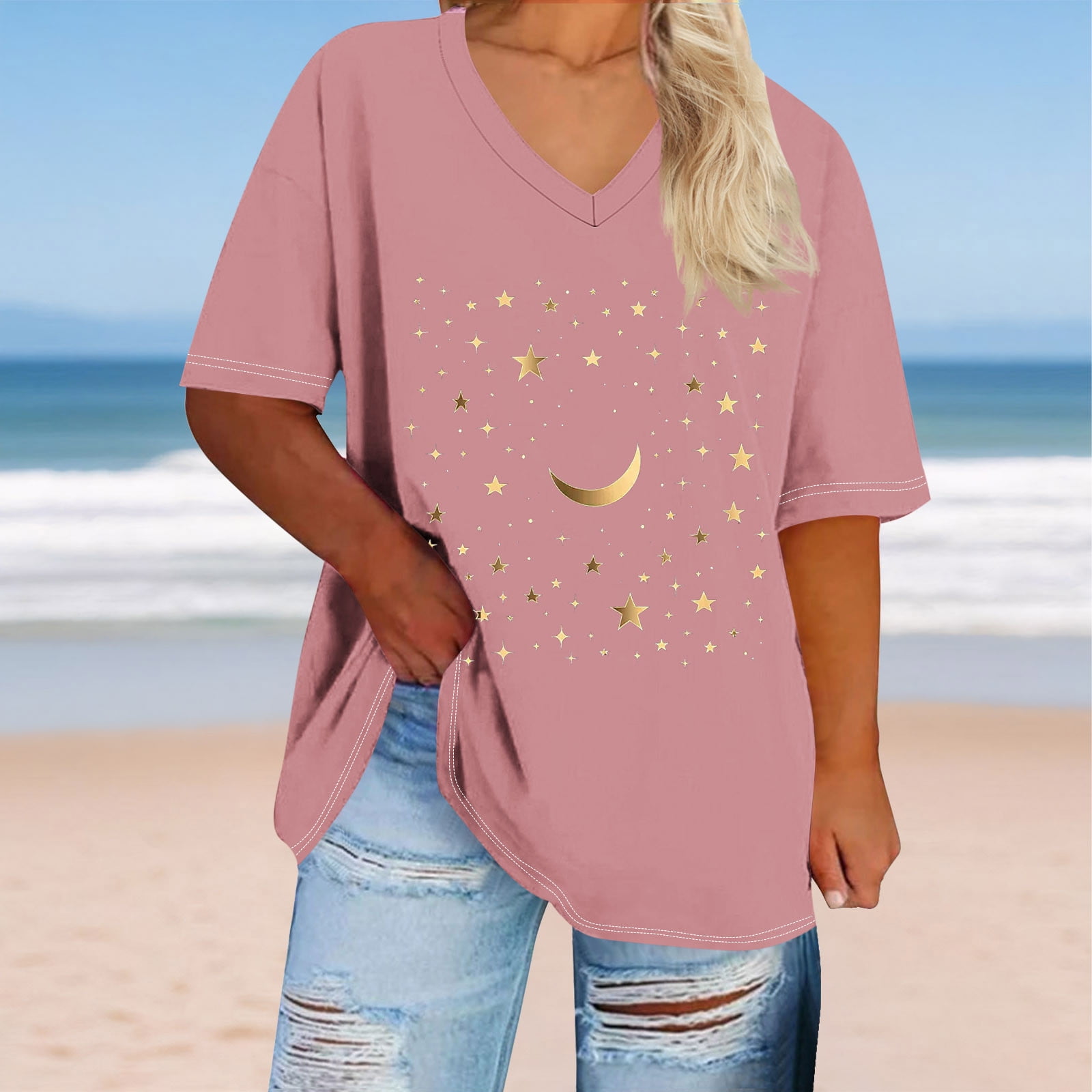 Jjayotai Womens Plus Size Daisy Graphic T-Shirt, Stars Moon Cute Short Sleeve Shirts, Casual ...