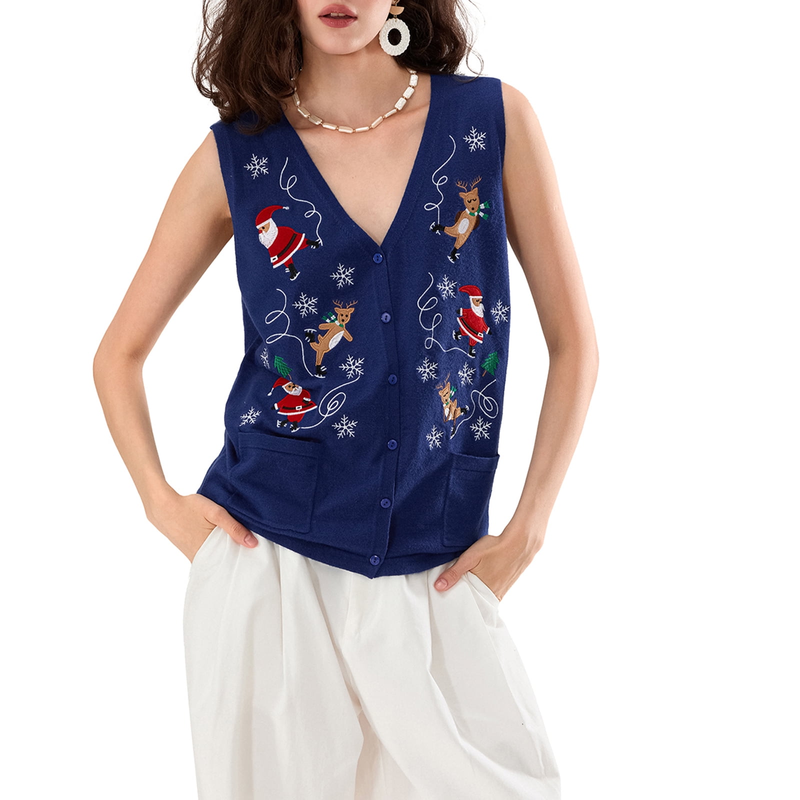 Jkerther Women's Christmas Sleeveless Sweater Vest Santa Snowmen V Neck ...