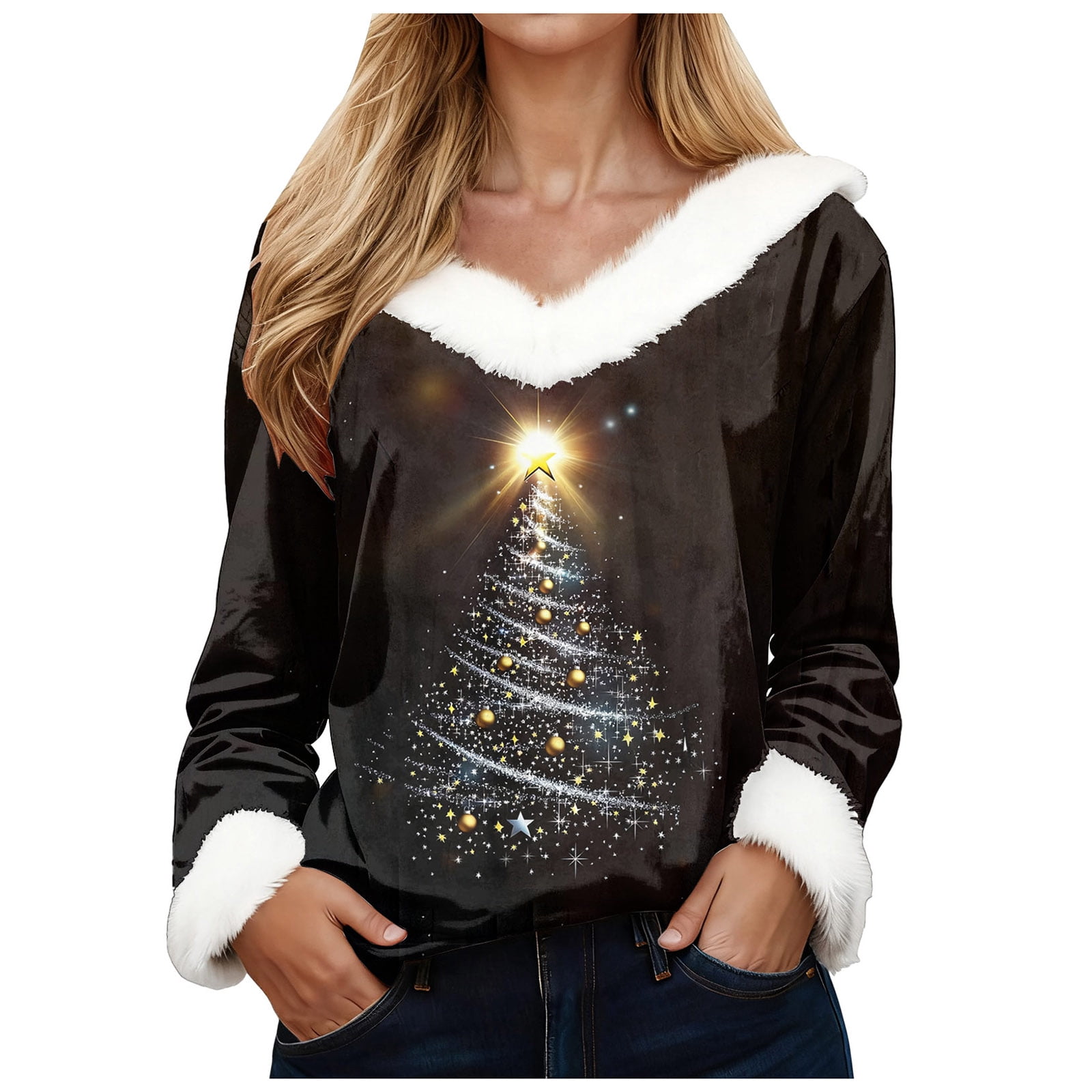Jkety Christmas Shirts for Women Trim Womens Christmas Hat Print Top ...