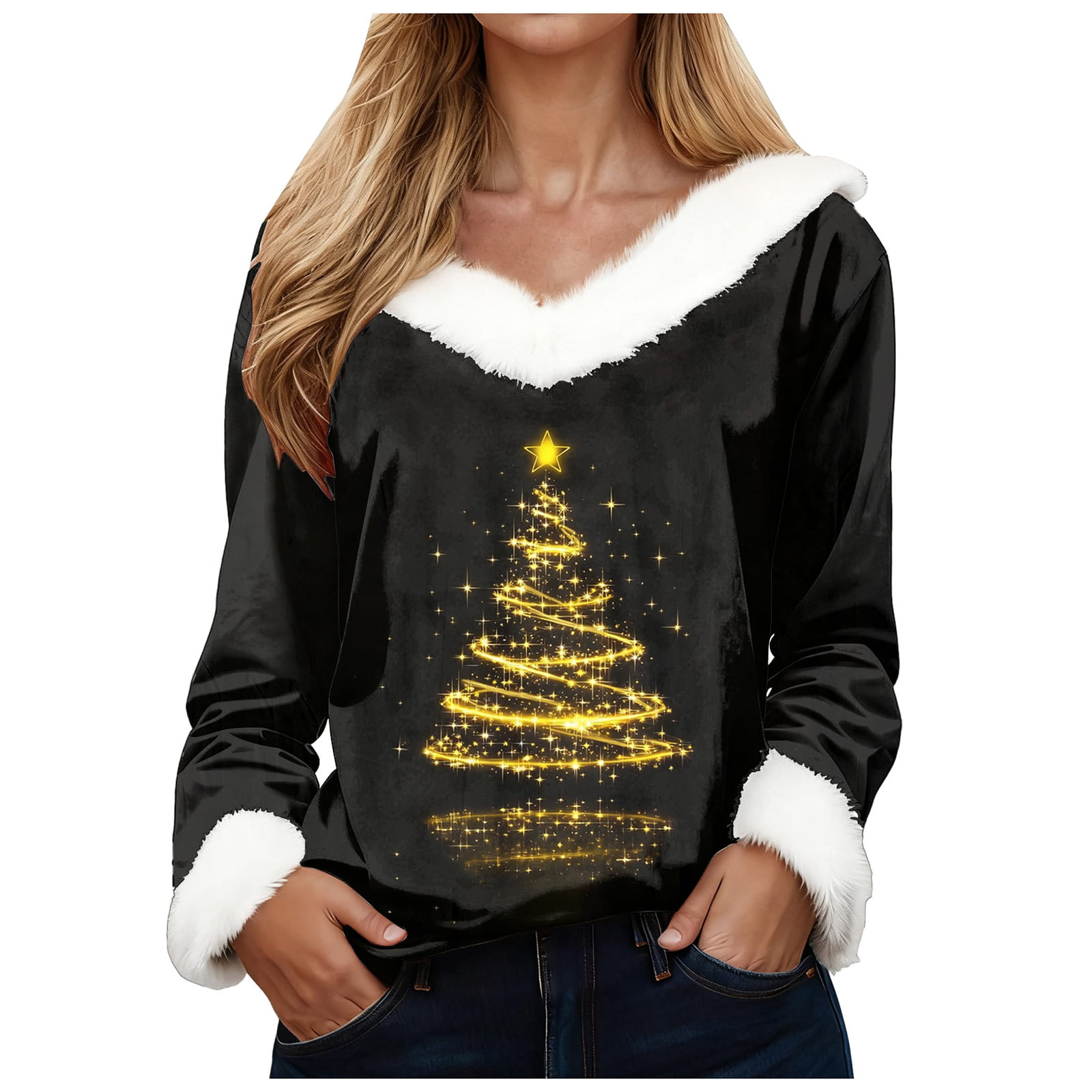 Jkety Christmas Tops Womens Fall Tops Faux Trim Long Sleeve Pullover ...