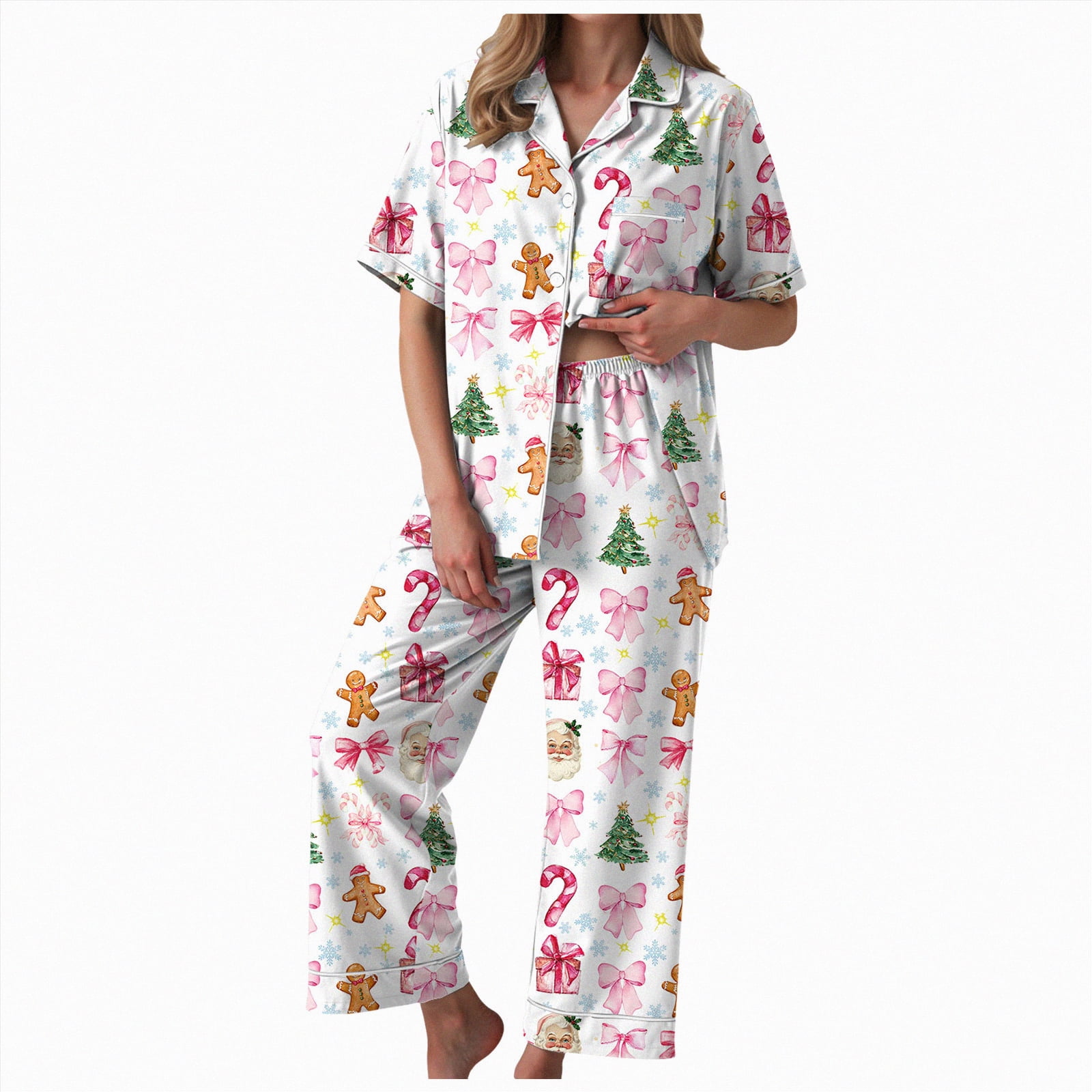 Jkety Satin Christmas Pajamas Women Short Sleeve Sleepwear Long Pants ...