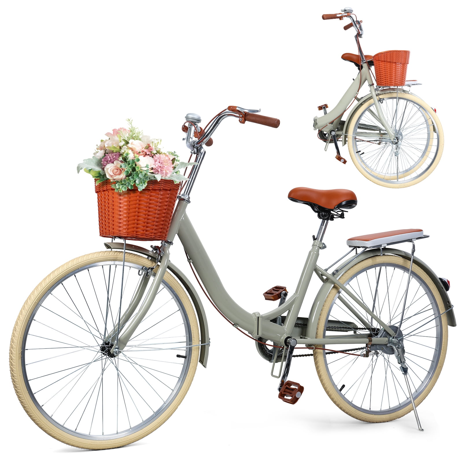 Jkung 26-Inch Adult Cruiser Bicycle, Foldable City Bike with Basket ...
