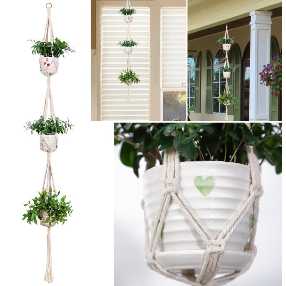 Jkung 3 Layers Hand Woven Plants Flowers Pot Hanging Basket Holder Net ...