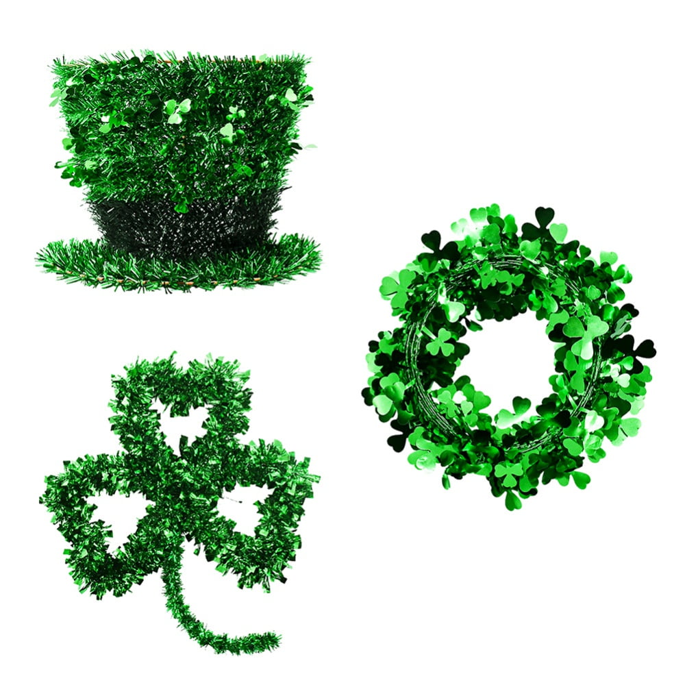 Jlong 3 Pack St. Patrick’s Day Green Tinsel Garland Include Shamrock Wreath, Wire Garland and ...