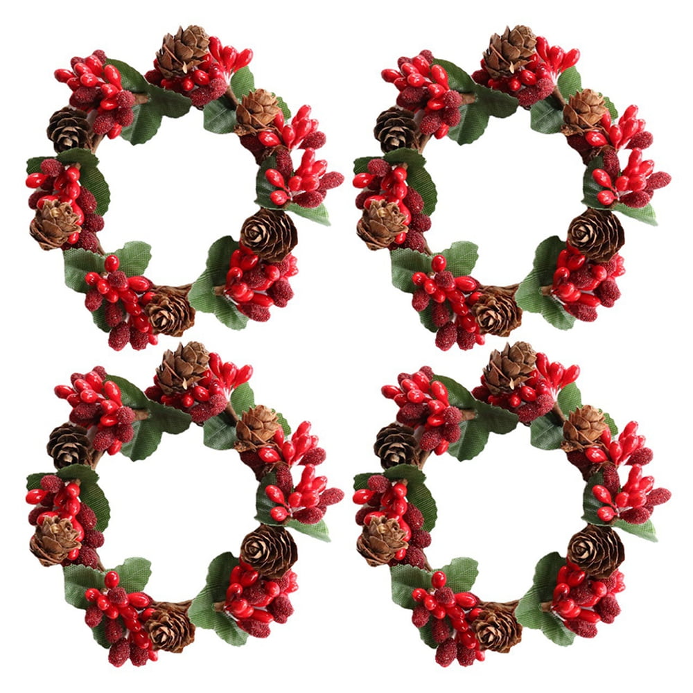 Jlong 4Pcs 3.14inch Christmas Candle Ring, Xmas Artificial Beaded Berries Candle Rings, Small ...