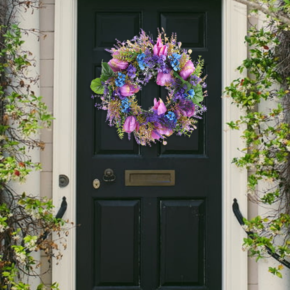 Jlong Artificial Lavender Wreaths Fake Purple Flower Wreath for Front Door Farmhouse Wreath ...