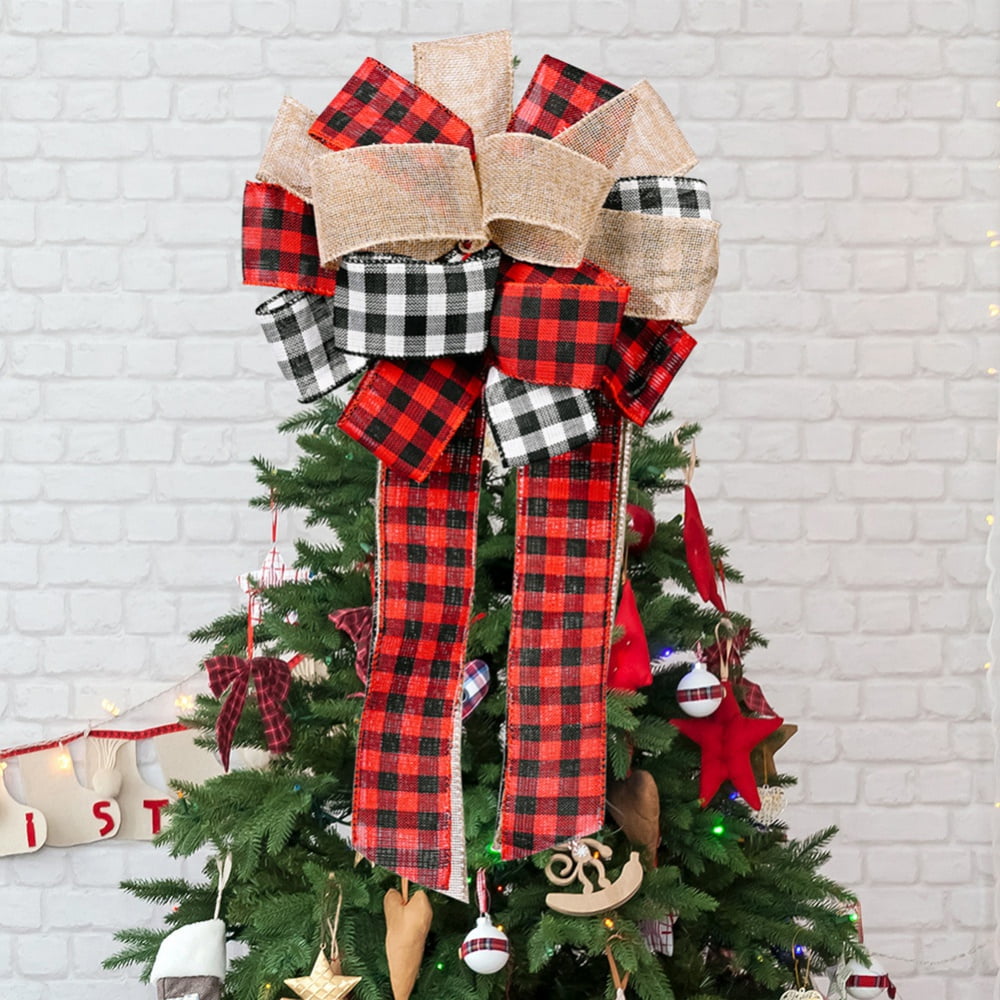 Jlong Handmade Buffalo Plaid Bow Christmas Tree Topper, Red Black White, 24 cm/10 in - Walmart.com