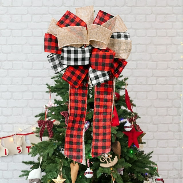 Jlong Handmade Buffalo Plaid Bow Christmas Tree Topper, Red Black White ...