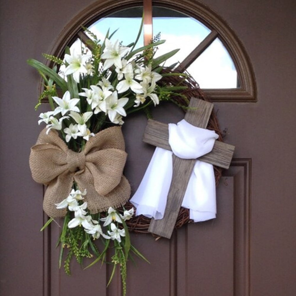 Jlong Easter Wreath Door Hanging Decoration with Cross, Rustic Bouquet ...