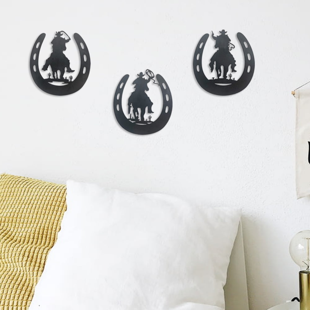Jlong Horseshoe metal wall art décor with cowboy, western rustic horse ...