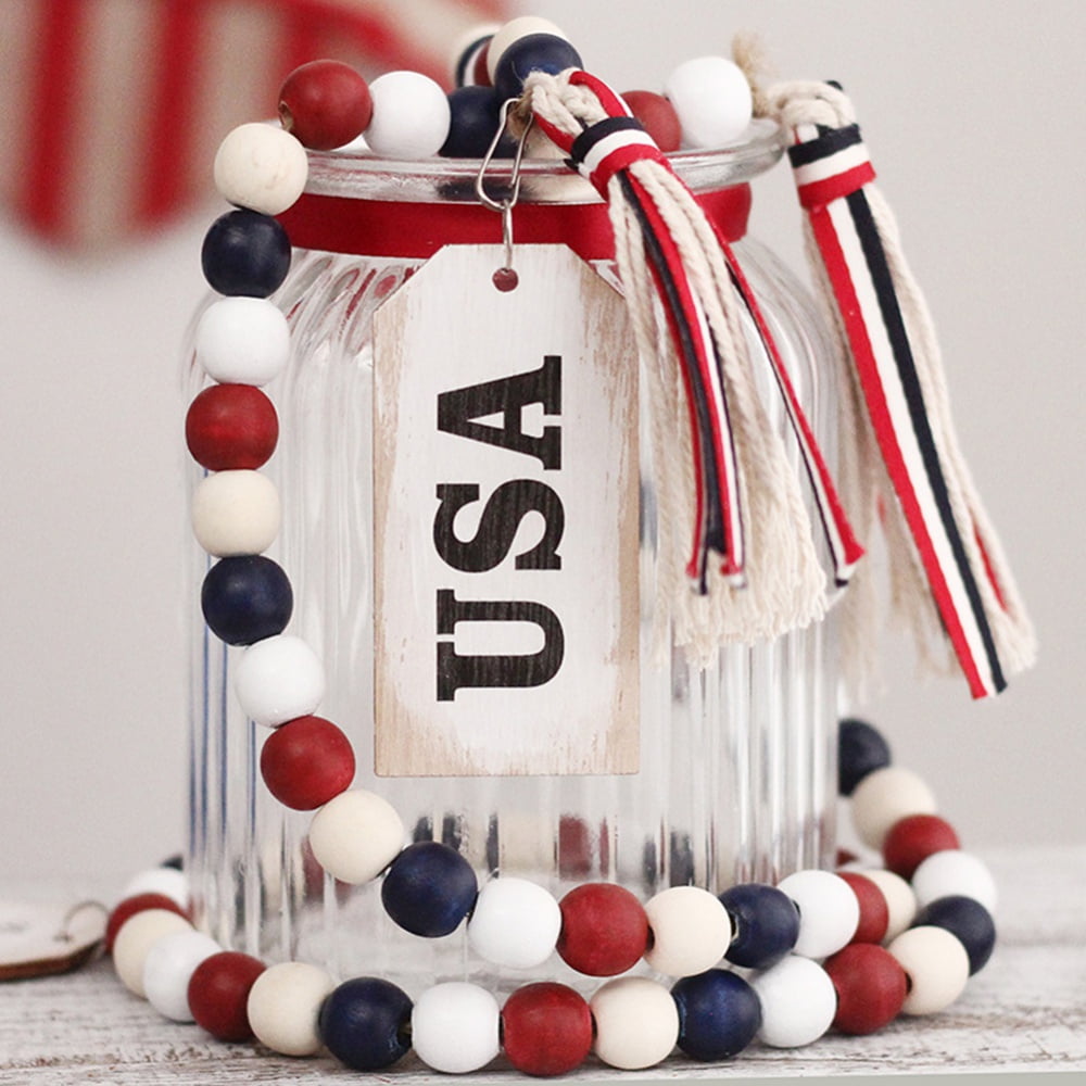 Jlong Independence Day Wood Bead Garland with Replacement American Flag ...