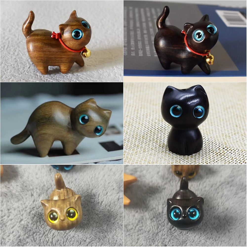 Jlong Small Cute Cat Wooden Sculptures Statue Handmade Accents Craft ...