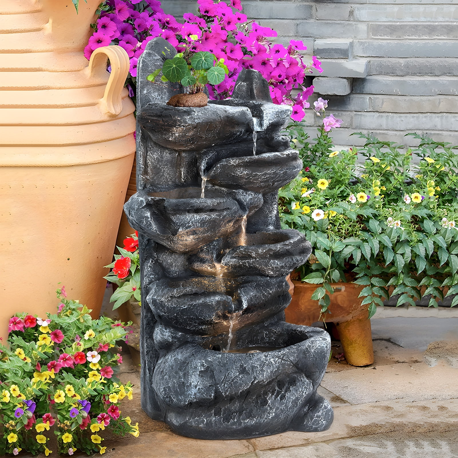 Jnismy 6-Tiers Cascading Rock Water Fountain Outside Patio Water ...