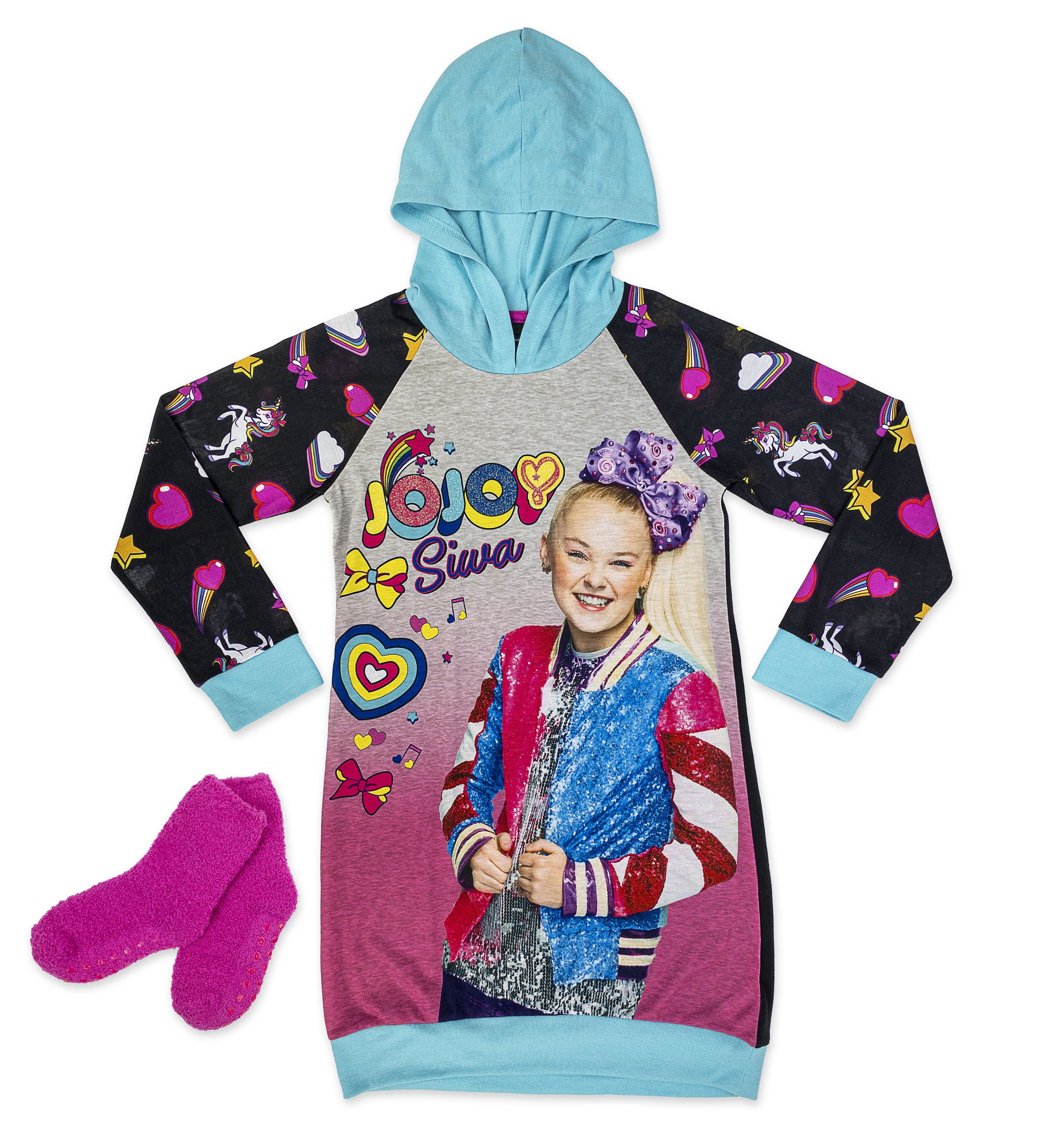 JoJo Siwa Girls Hooded Dorm Shirt Pajama with Socks; Sizes 4-12 ...
