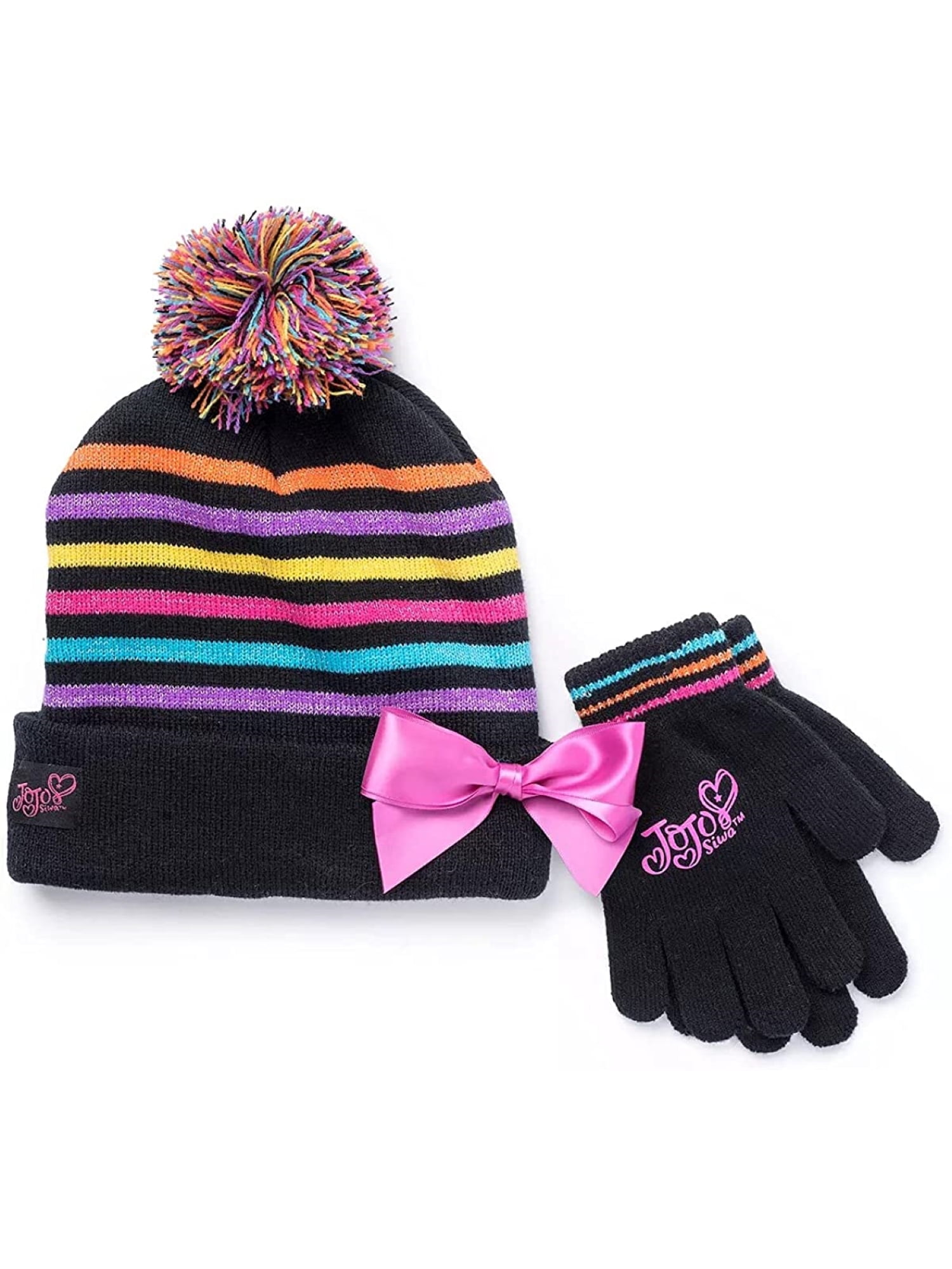 JoJo Siwa Little Girls' Striped Beanie Hat and Gloves Set, One Size 4 ...