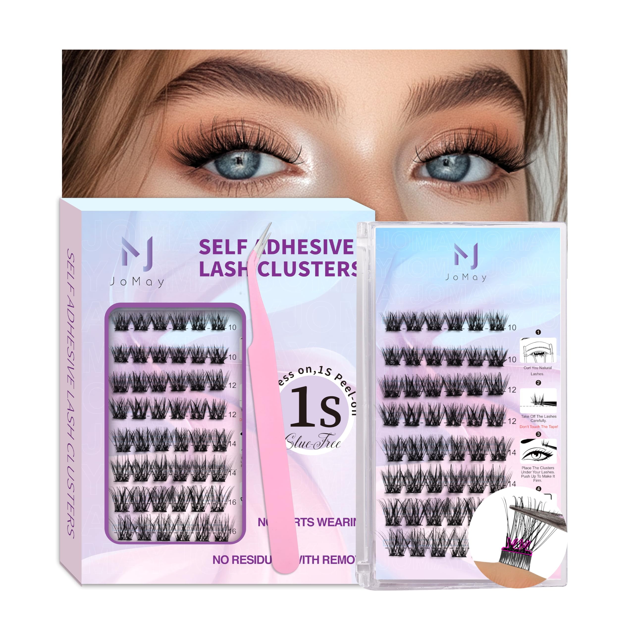 JoMay Self Adhesive Eyelashes SSF20 Extension Kit Pre-Glued Cluster Lashes Press on Lashes No ...