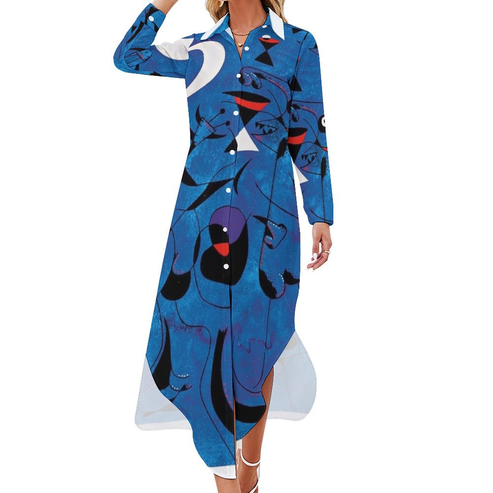 Joan Miro Red Shapes on Blue Long Sleeved Shirt Dress summer dress ...