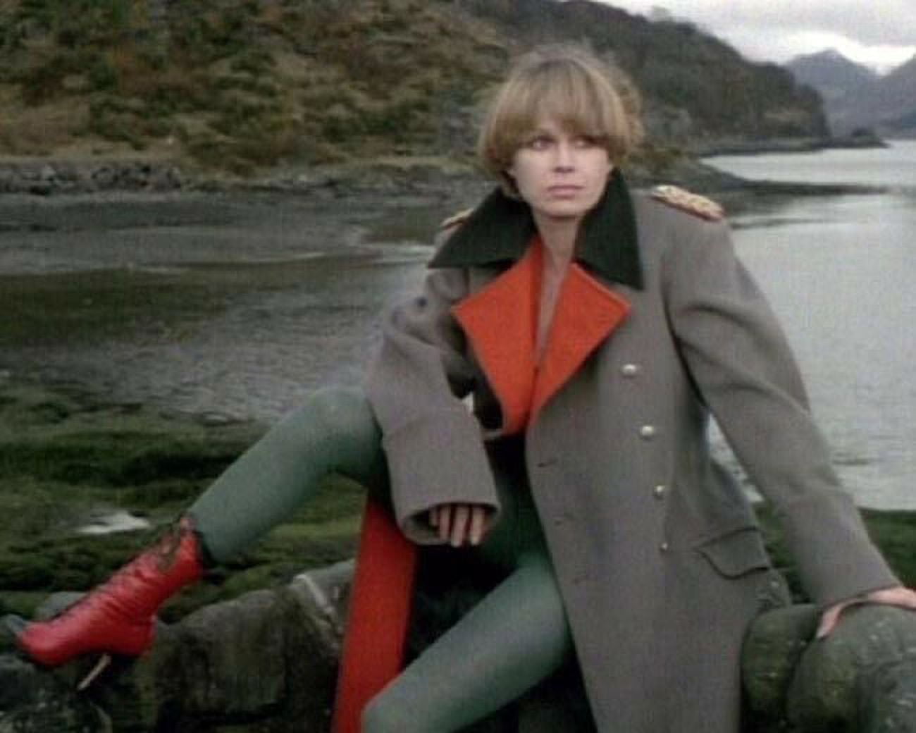 Joanna Lumley as Purdey wearing big overcoat sitting by lake New ...