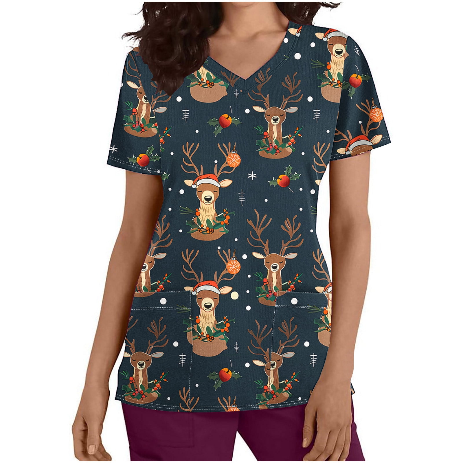 Joau Christmas Scrubs for Women, Santa Snowman Reindeer Print Scrubs ...