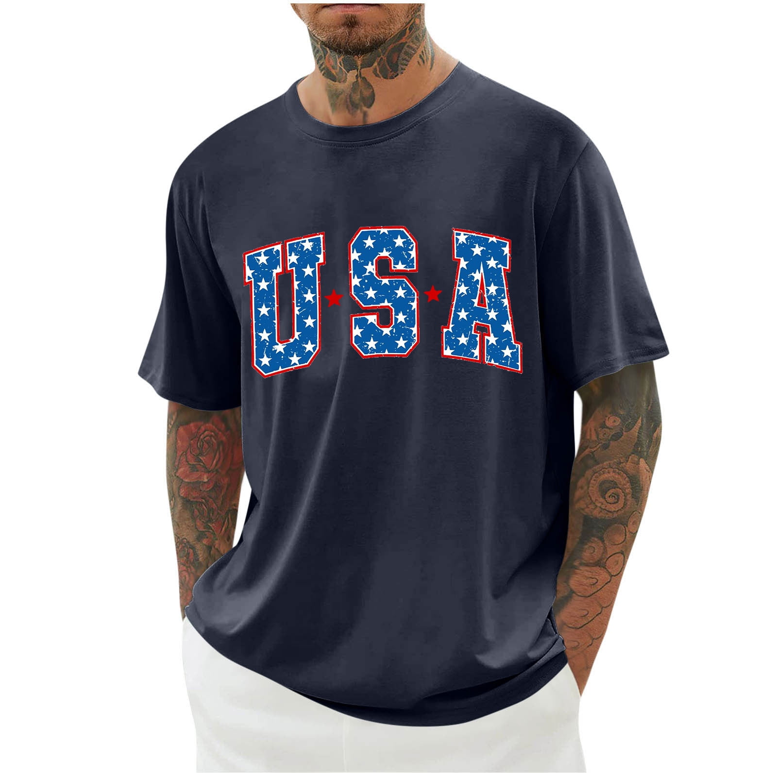Joau Men's Big & Tall USA Graphic Tees Short Sleeve Crewneck USA Stars Patriotic T-Shirts ...