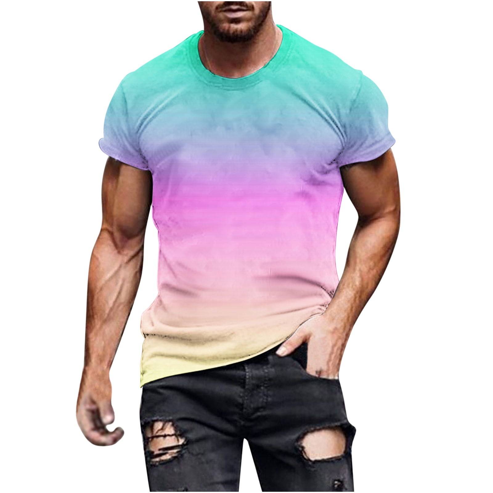 Joau Mens Big & Tall Active Shirts Gradient Color Summer Casual Short Sleeve Crew Neck T-Shirts ...