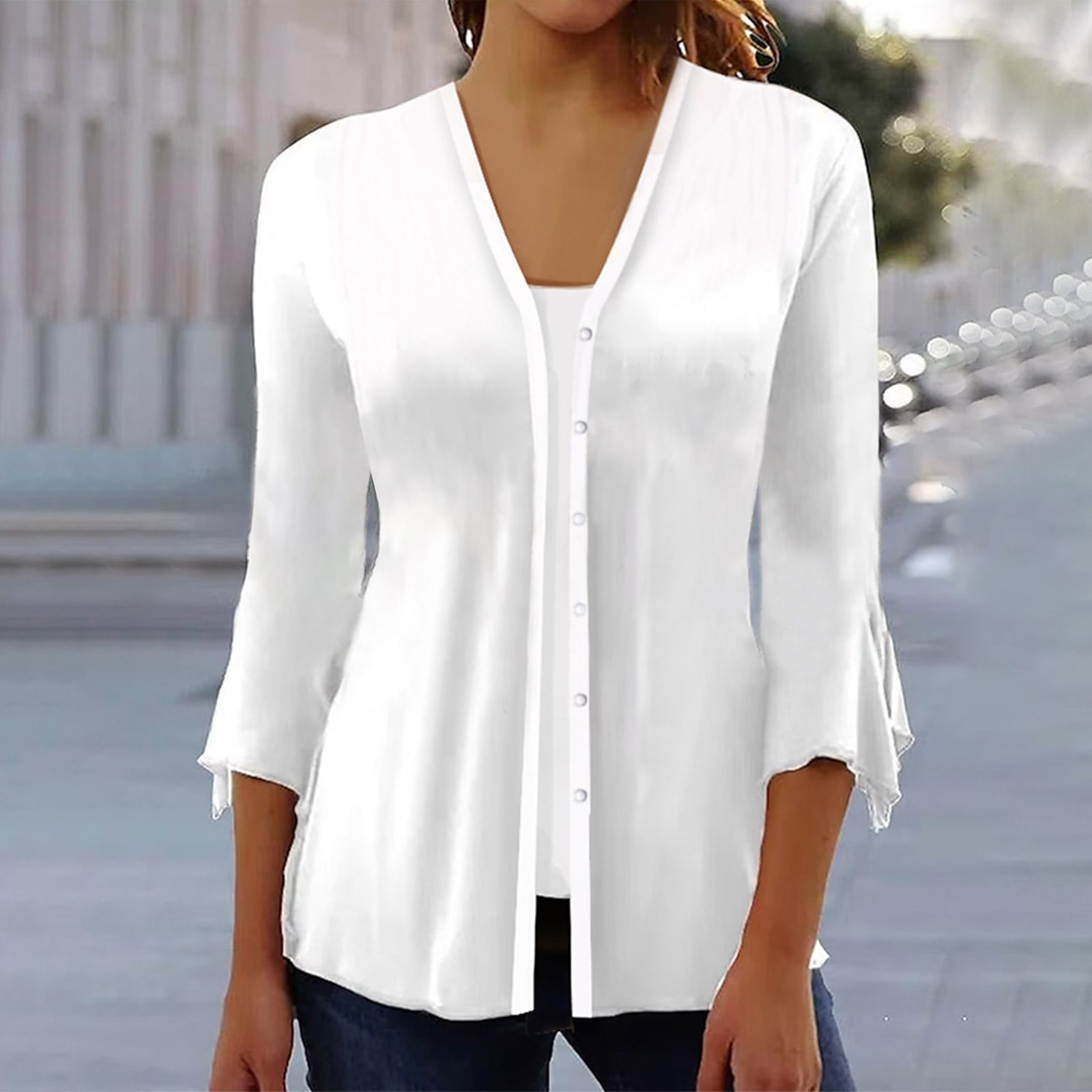 Joau Women's Casual Lightweight Open Front Cardigans 3/4 Ruffle Sleeve ...