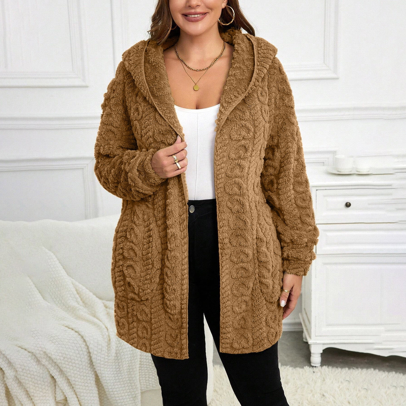 Joau Women's Fuzzy Fleece Open Front Hooded Cardigans Soft Warm Plush ...