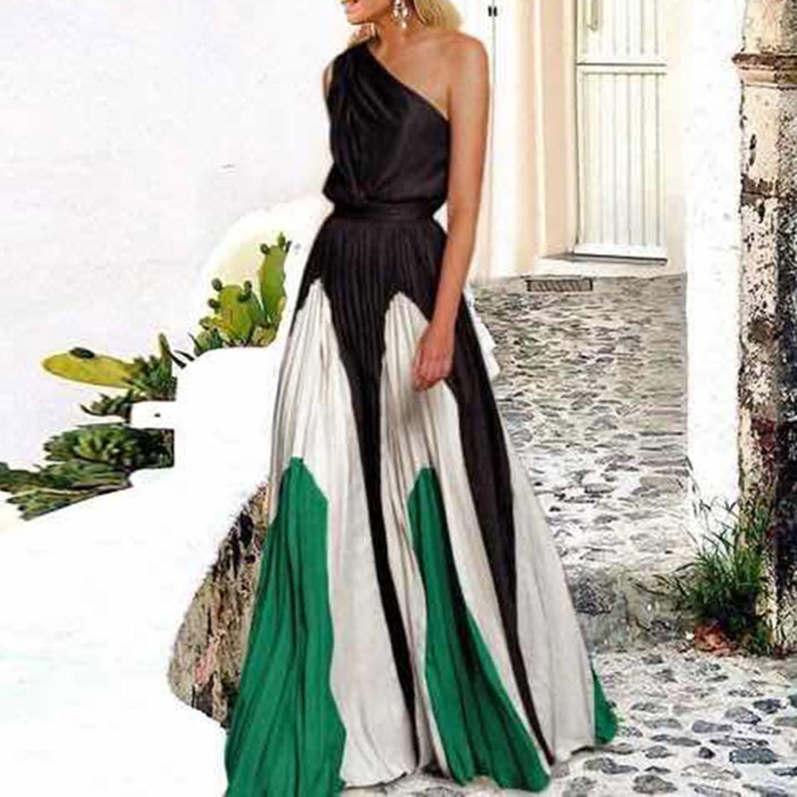 Joau Women's One Shoulder Sleeveless Patchwork Color Pleated Maxi Dress ...