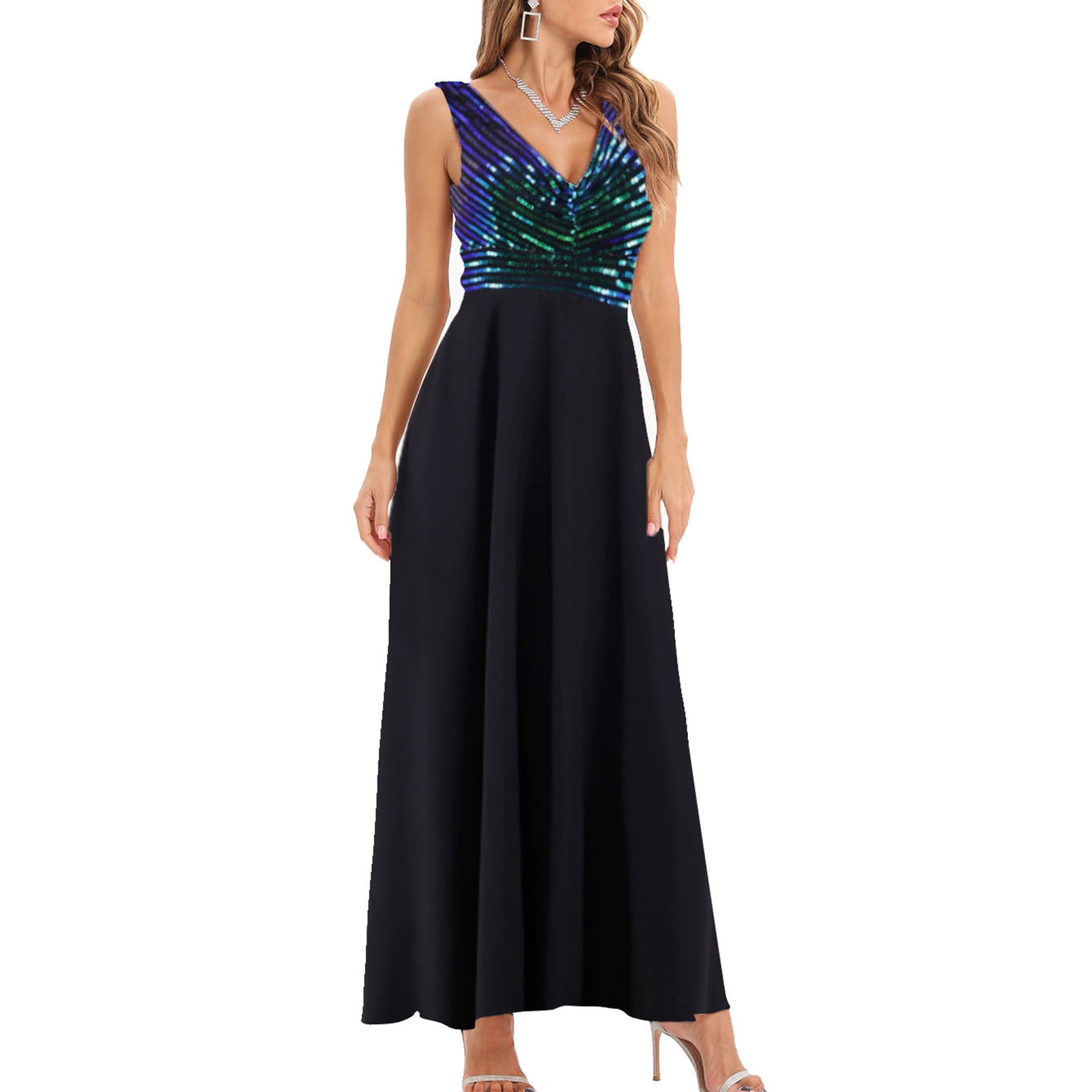 Joau Womens V Neck Sparkly Glitter Sequin Dress Sleeveless Evening Prom Gowns Formal Maxi Long
