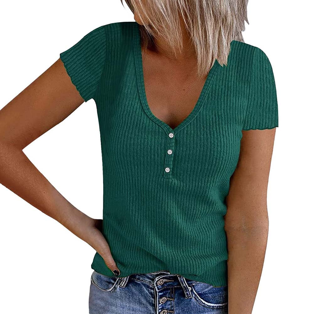 Joau Womens Ribbed knit Button Down Tight Slim Fitted Tee Tops Sexy V ...