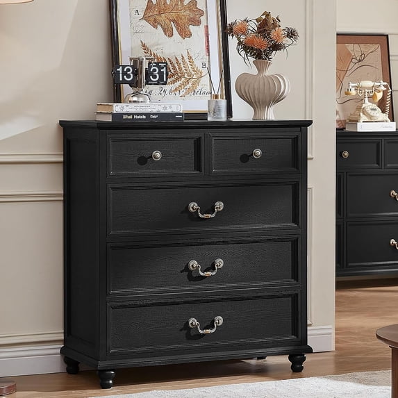 Joaxswe Farmhouse 5-Drawer Dresser, 35" Tall Rustic Chest with 4 Solid ...