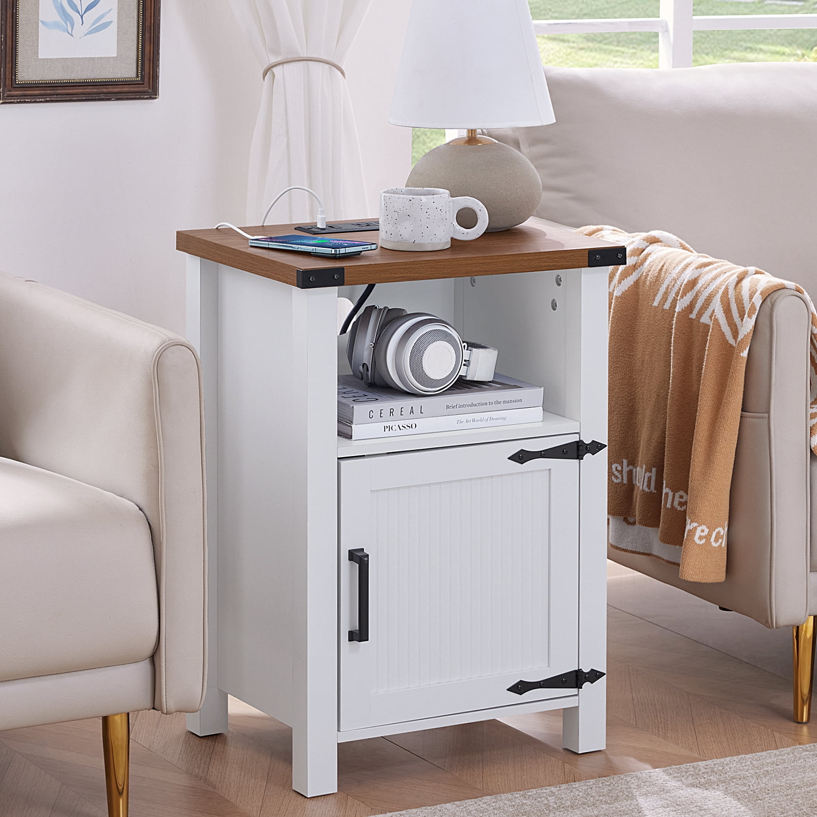 Joaxswe Farmhouse Nightstand with Charging Station & Shelf and Barn ...