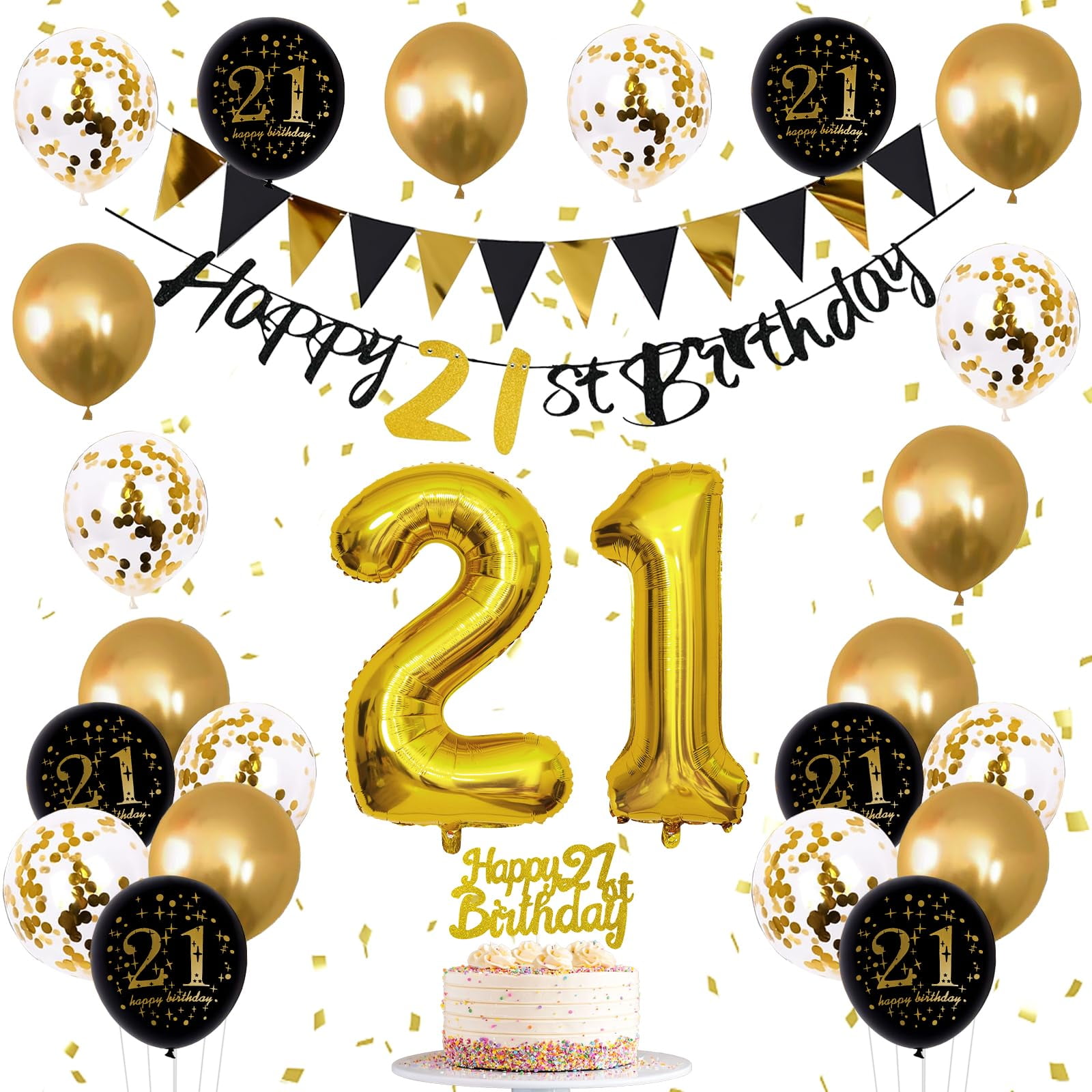 Jobkoo 21st Birthday Decorations AIF4 Him Her, Black Gold Birthday Party Decor Golden Black 21st ...