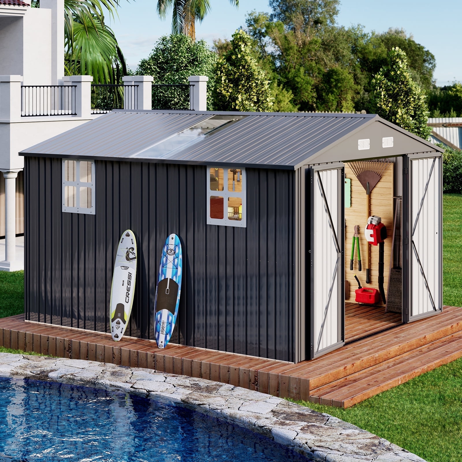 Jocisland 10.1x11.5x7.4 FT Galvanized Steel Storage Shed with 2 4-Pane ...