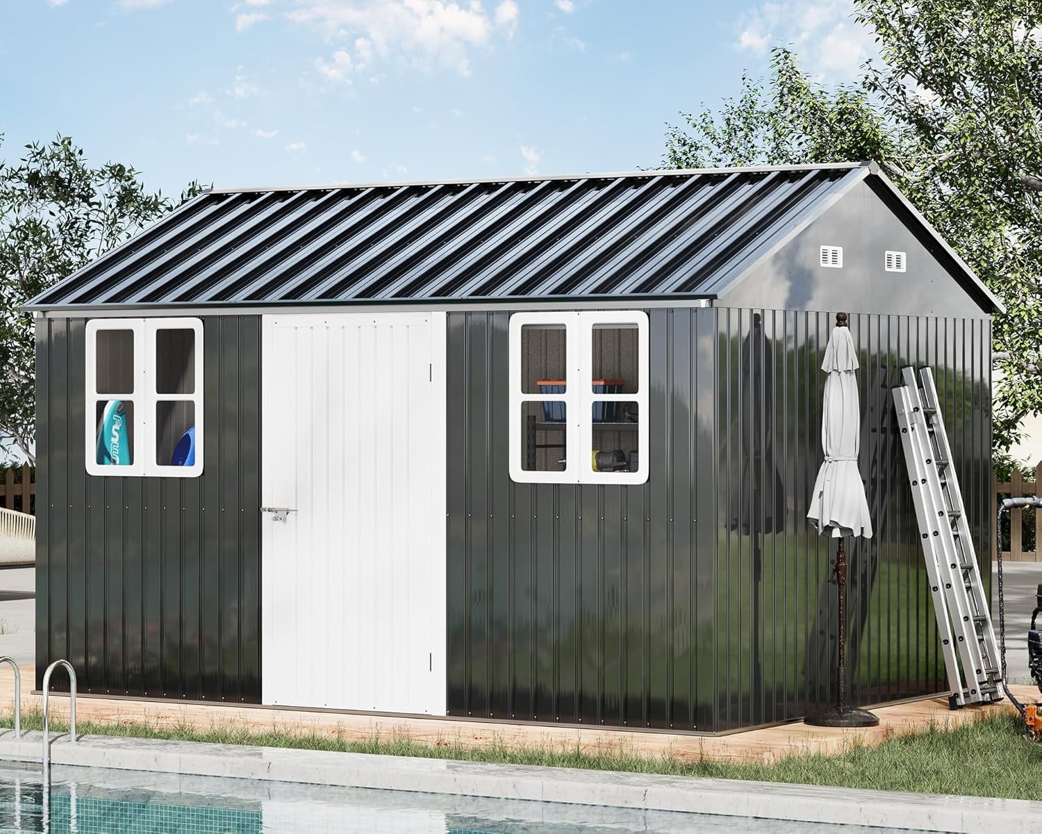 Jocisland 12x10.3x8.2 FT Galvanized Steel Outdoor Storage Shed with Two ...