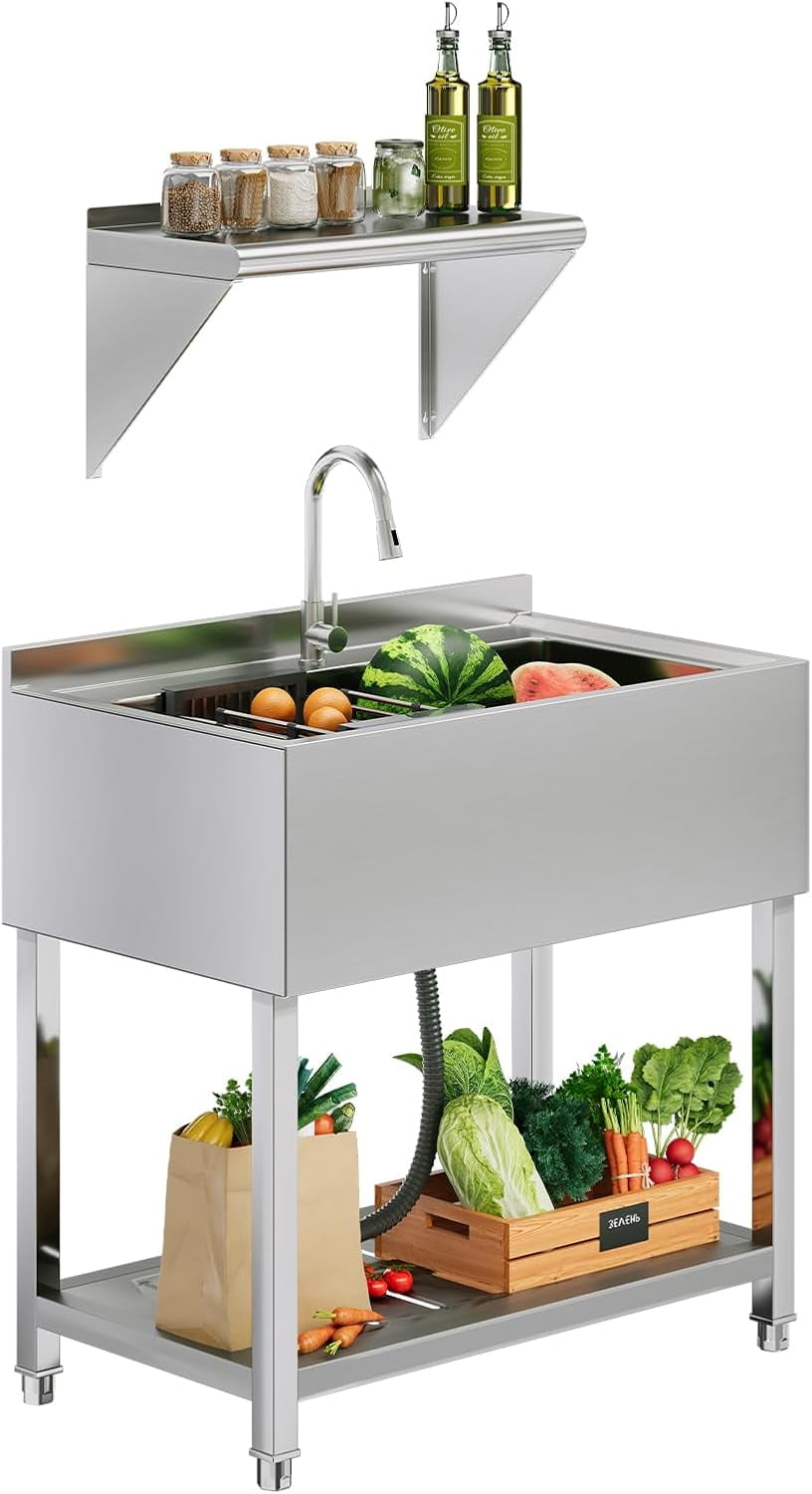 Jocisland 35.8"x21.7"x35.4" Stainless Steel Sink with Wall Rack, Single ...