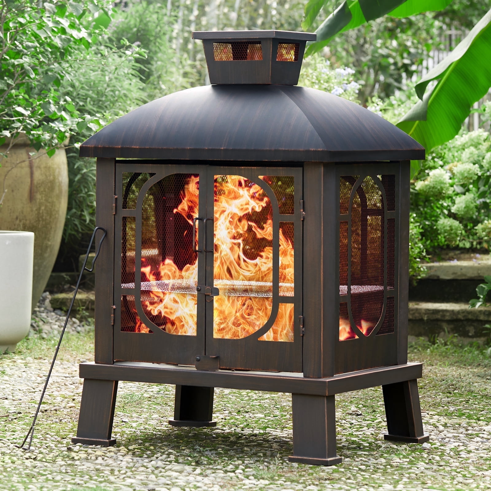 "PAPABABE 45"" Large Wood Burning Fire Pit with Grill Grate, Metal ...