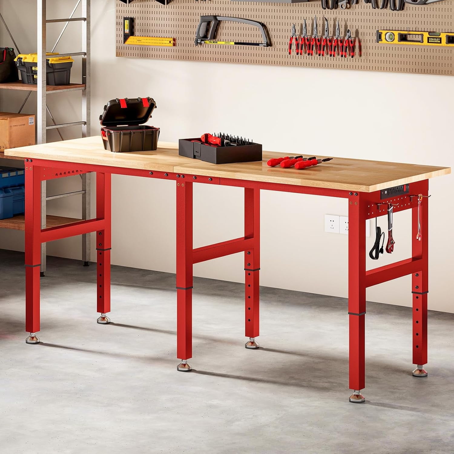 Jocisland 72" Red Adjustable Heavy Duty Workbench with 4 AC Outlet and ...