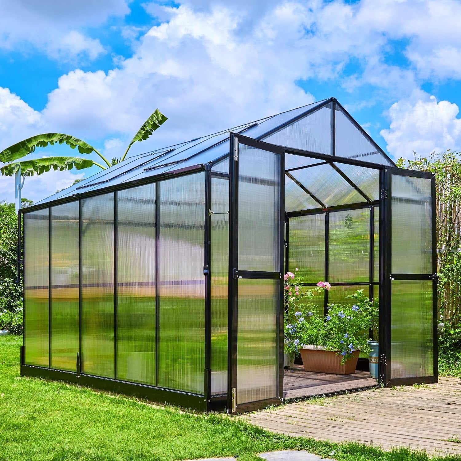 Jocisland 8x10x7.5 ft Polycarbonate Greenhouse Double Swing Doors 2 Vents 5.2FT Added Wall ...