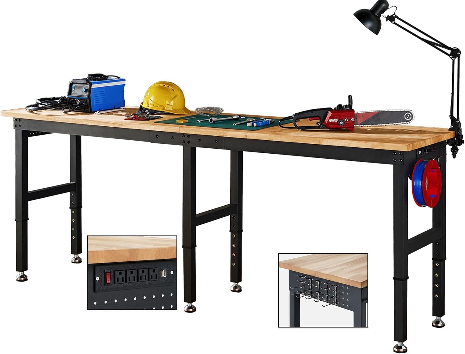 Jocisland 96x24 in Adjustable Workbench with Power Outlets, Rubber Wood ...