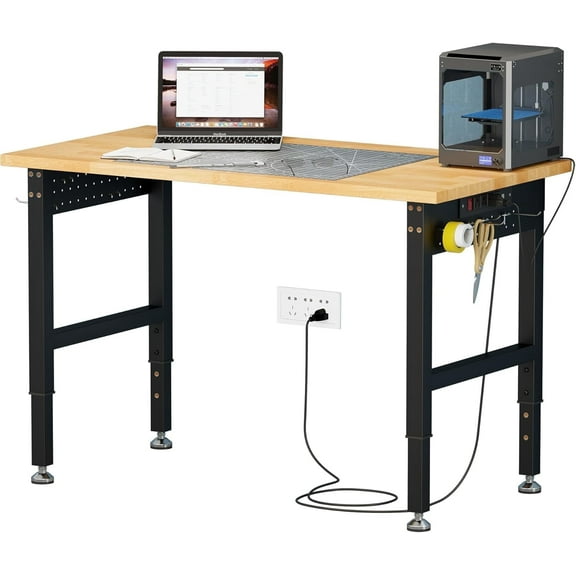 Huloretions Adjustable Workbench,Wood Top Heavy-Duty Workstation,2000 LBS Load Capacity Hardwood ...