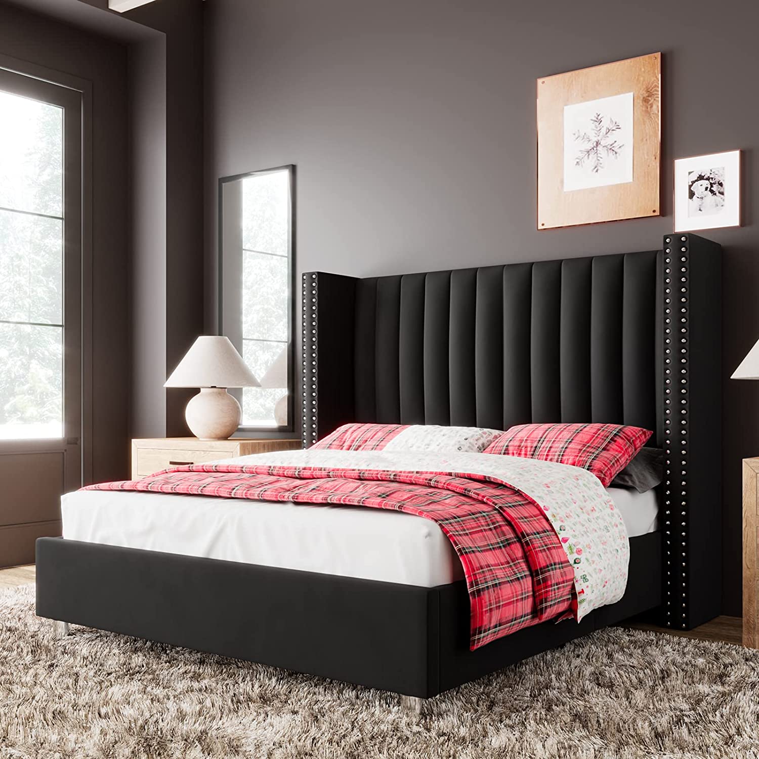 Loft Lyfe Upholstered Queen Velvet Channel Tuffed Wingback Bed, Hunter ...