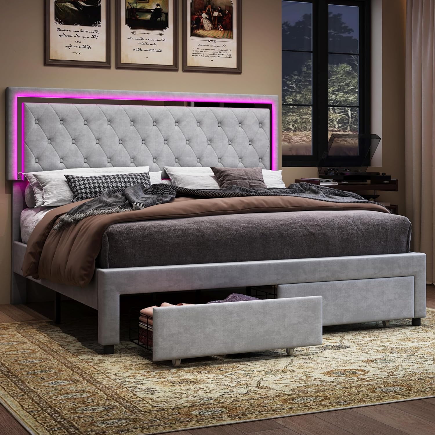 Jocisland King Size Bed Frame with LED Lights&Storage Drawers,Velvet ...