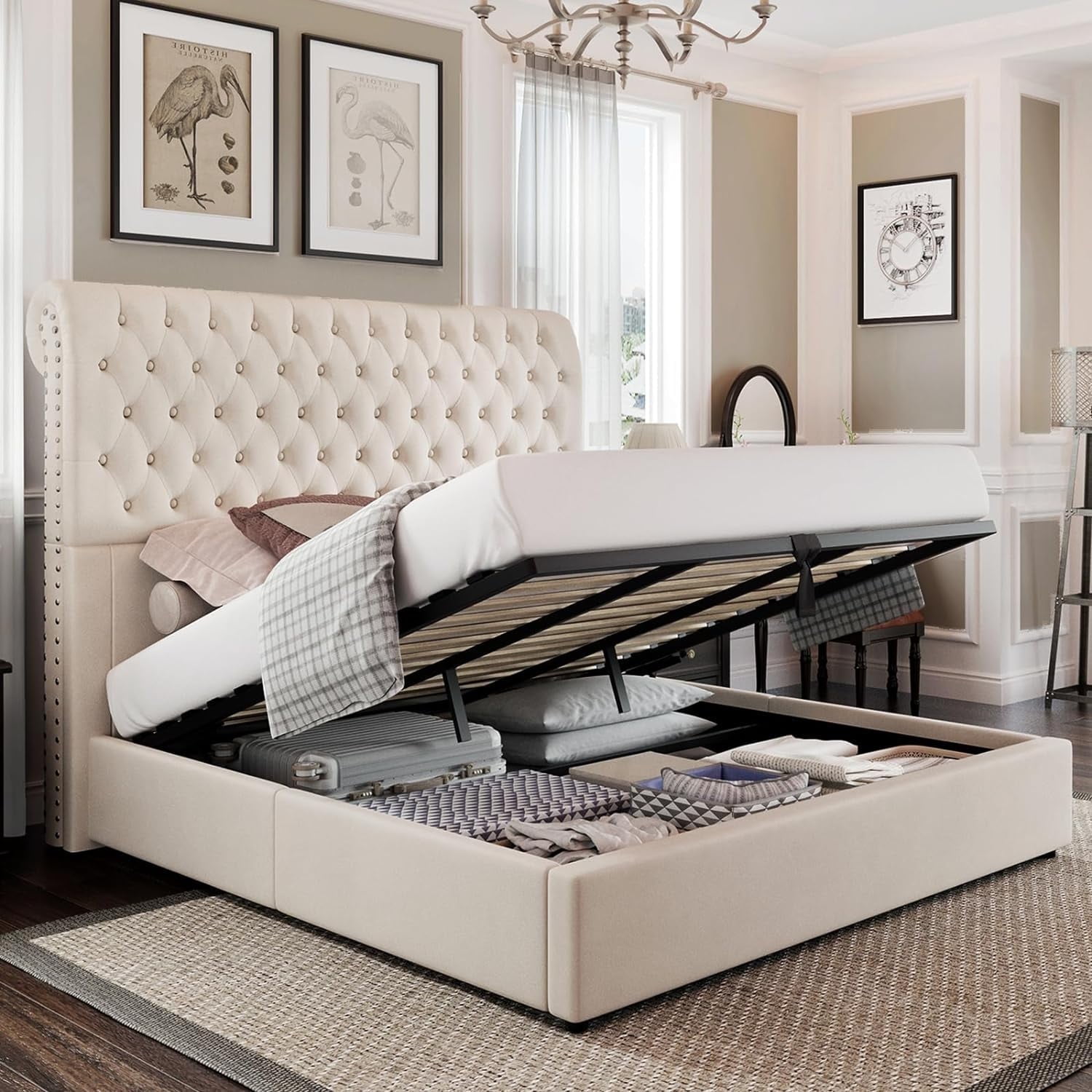 VanAcc King Size Lift up Storage Bed Frame Velvet Upholstered Sleigh ...
