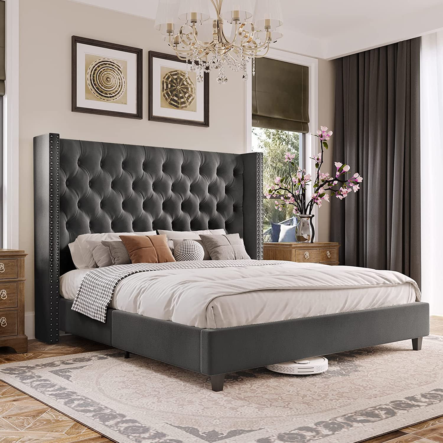 Jocisland King Size Velvet Upholstered Bed Frame, Tufted Wingback, No ...