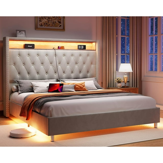 Jocisland LED Bed Frame King Size with Charging Station Upholstered Bed ...